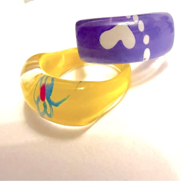 Jewelry | Colorful Lucite Reverse Painted Rings Set Purple And Yellow ...